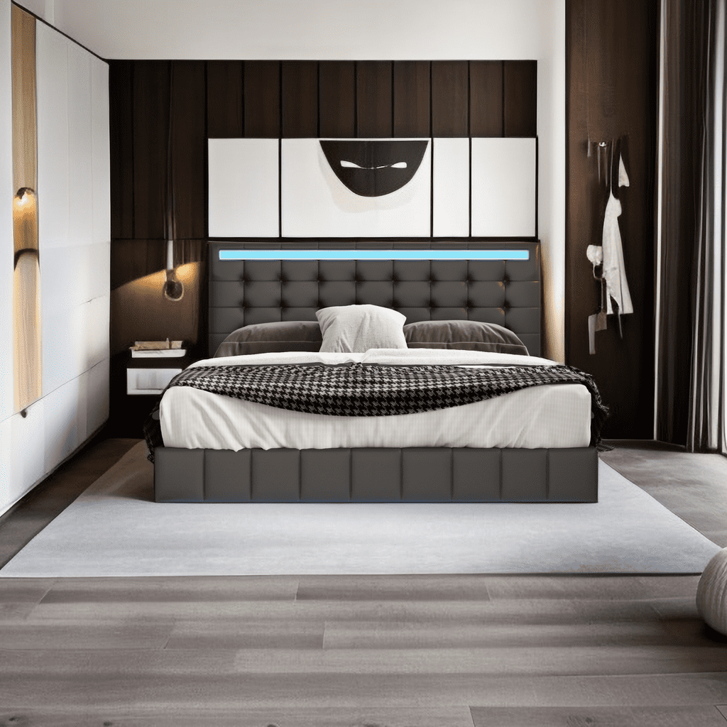 Queen Size Floating Bed Frame with LED Lights and USB Charging, Modern ...