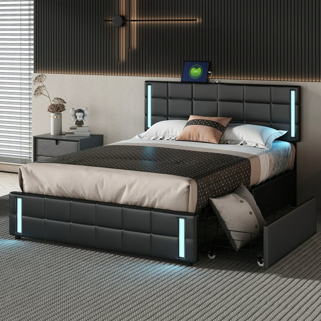 Queen Size Floating Bed Frame with LED Lights and USB Charging ...
