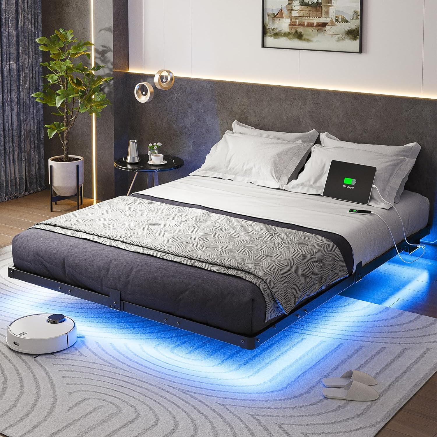 Queen Size Floating Bed Frame with USB Charging Station and LED Lights ...