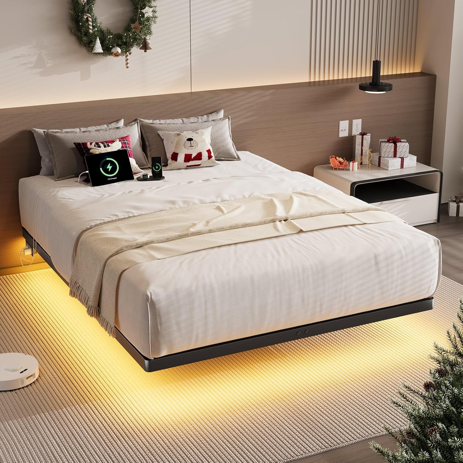 Queen Size Floating Bed Frame with USB Charging Station and Smart LED ...