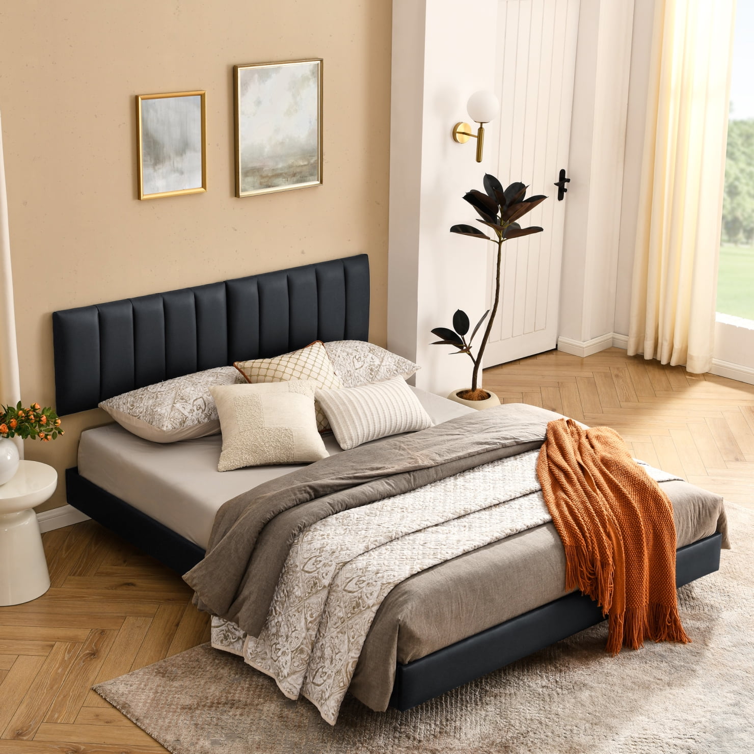 Queen Size Floating Bed Frame with Wall Mounted Headboard, PU Low ...