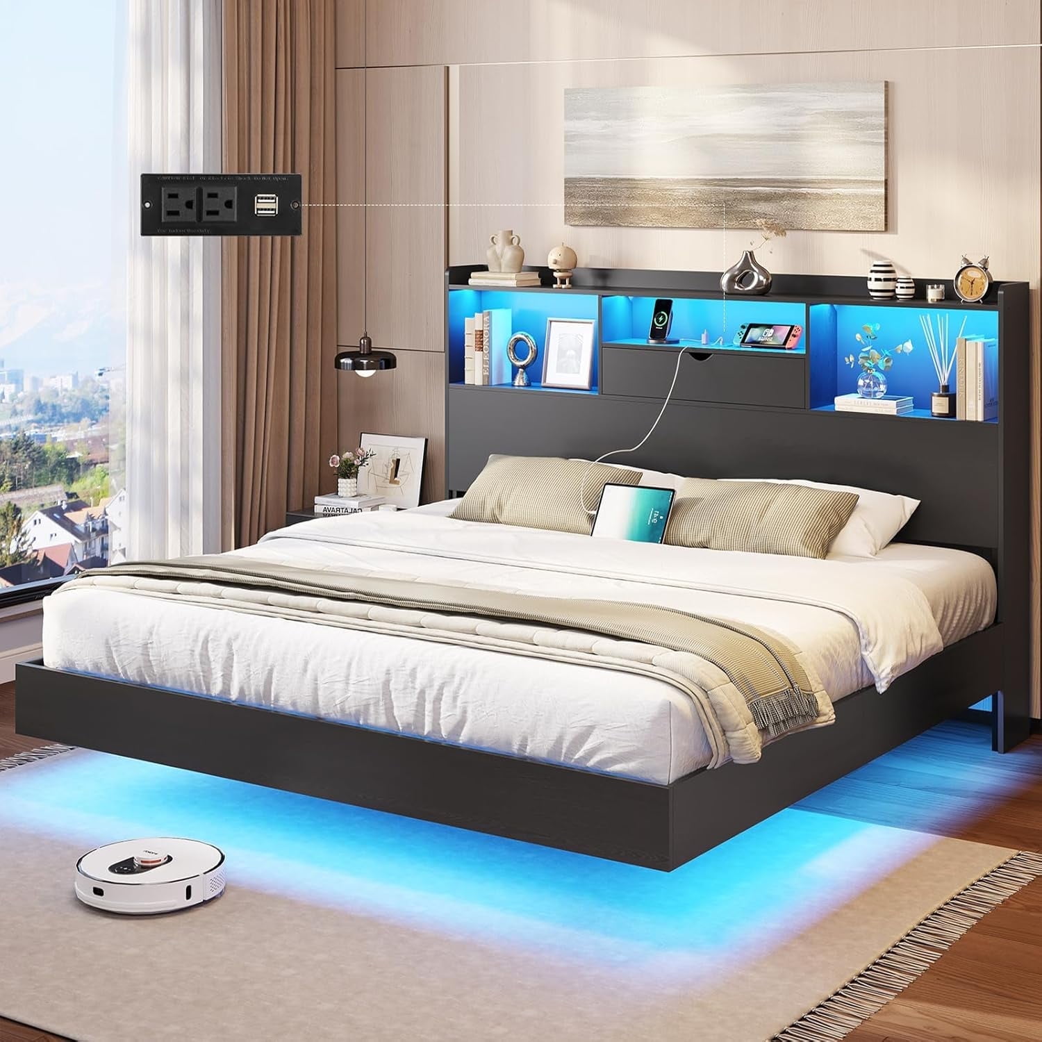 Queen Size Floating Bed Frame with Charing Station&LED Lights, LED ...