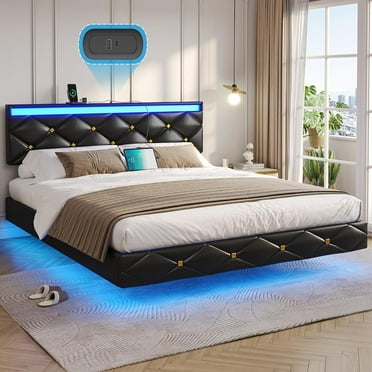 LED Floating Bed Frame King Size with LED Lights and Charging Station ...