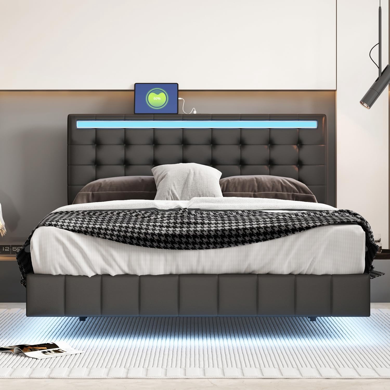 Queen Size Floating Bed Frame,with LED Atmosphere Lights ＆ USB Charging ...