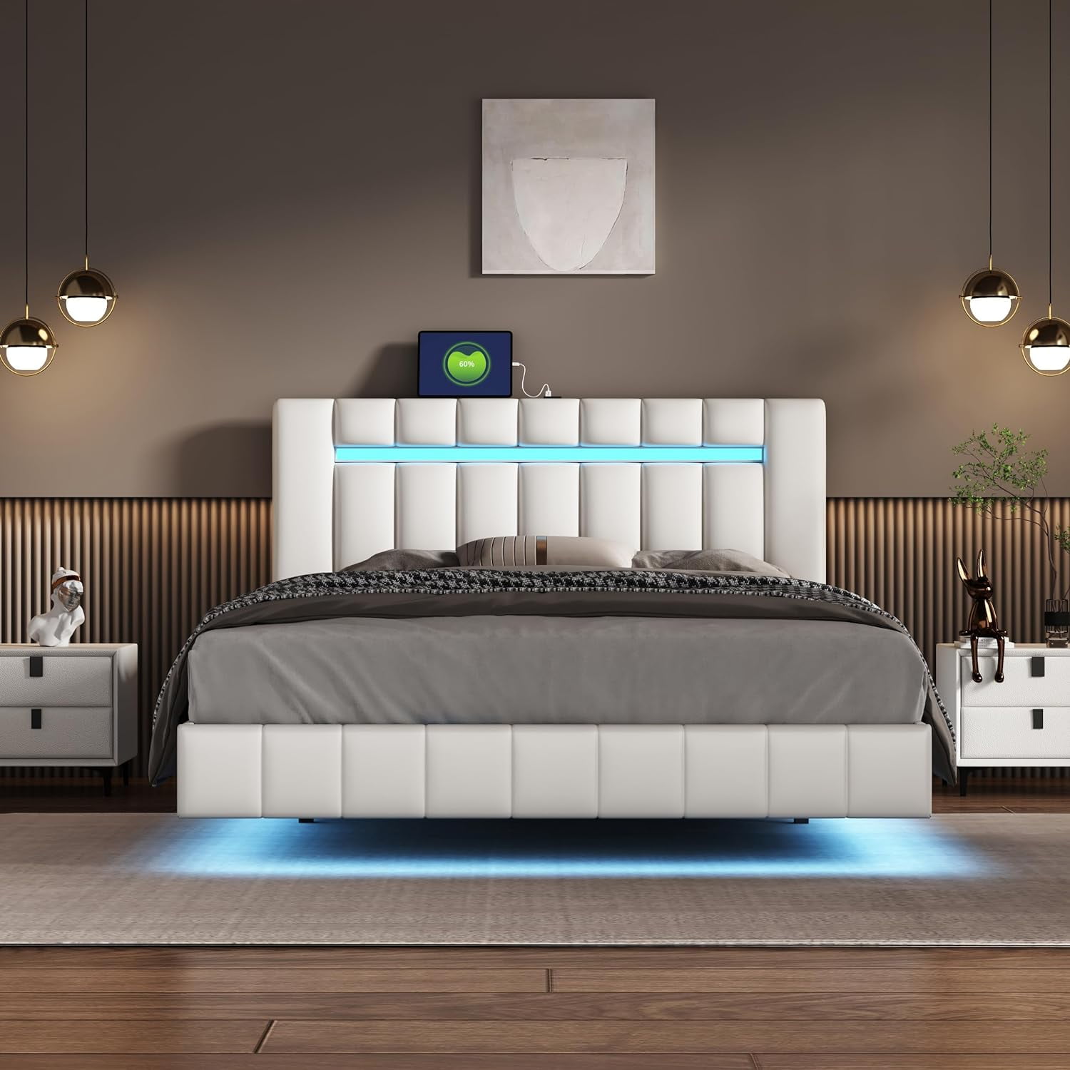 Queen Size Floating Bed Frame,with LED Atmosphere Lights ＆ USB Charging ...