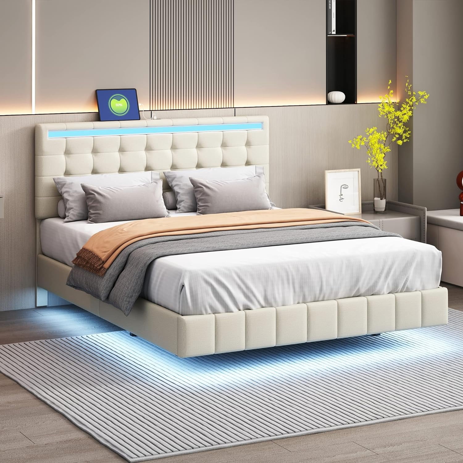Queen Size Floating Bed Frame,with LED Atmosphere Lights ＆ USB Charging ...