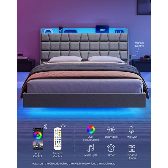 Floating Bed Frame Size, Bedframe with Lights & Station, Modern ...