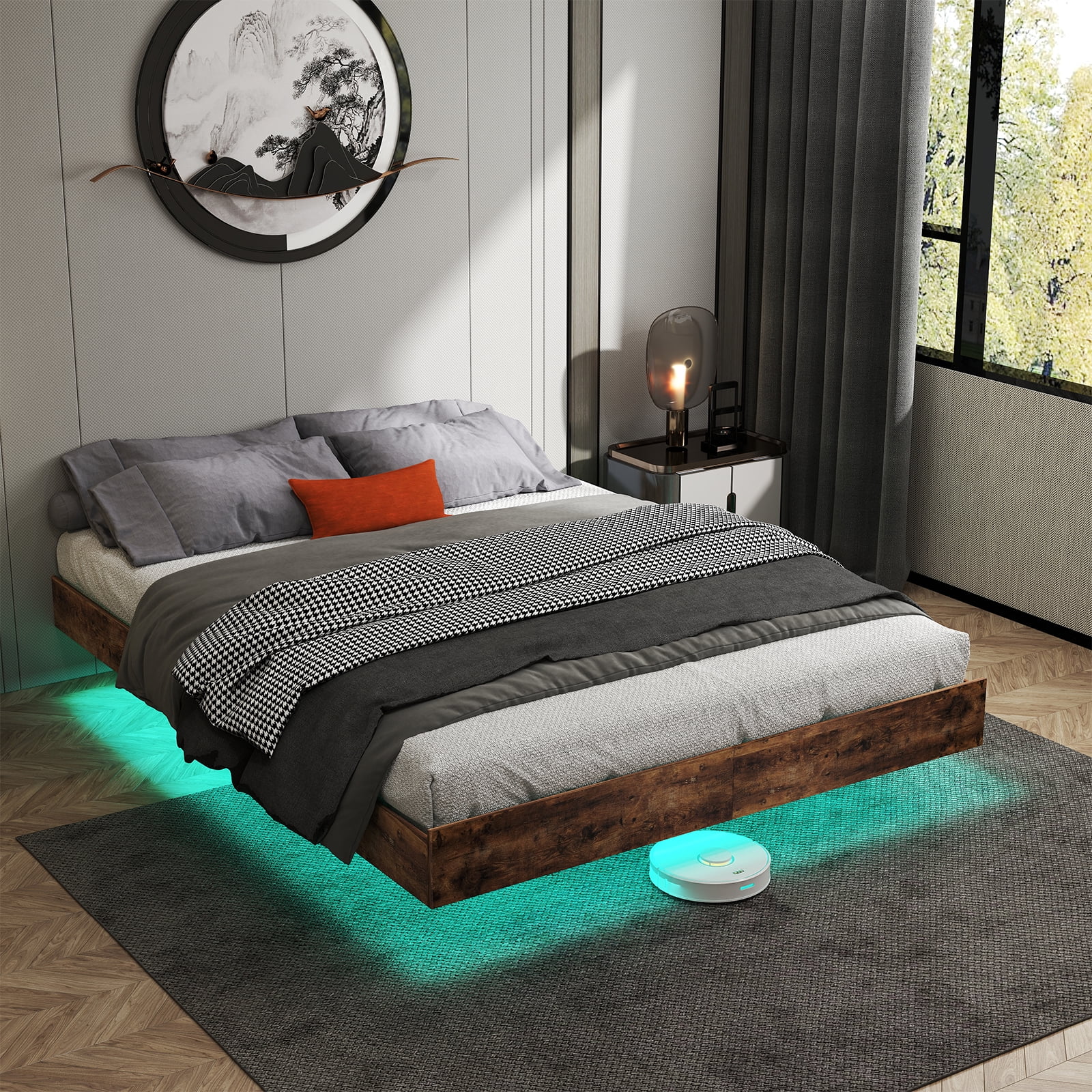 Queen Size Floating Bed Frame with LED Lights, Heavy Duty Metal ...