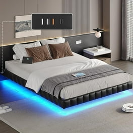 Queen Size Floating Bed Frame with LED Lights Upholstered Platform Bed Frame No Headboard No Box Spring Needed White Walmart