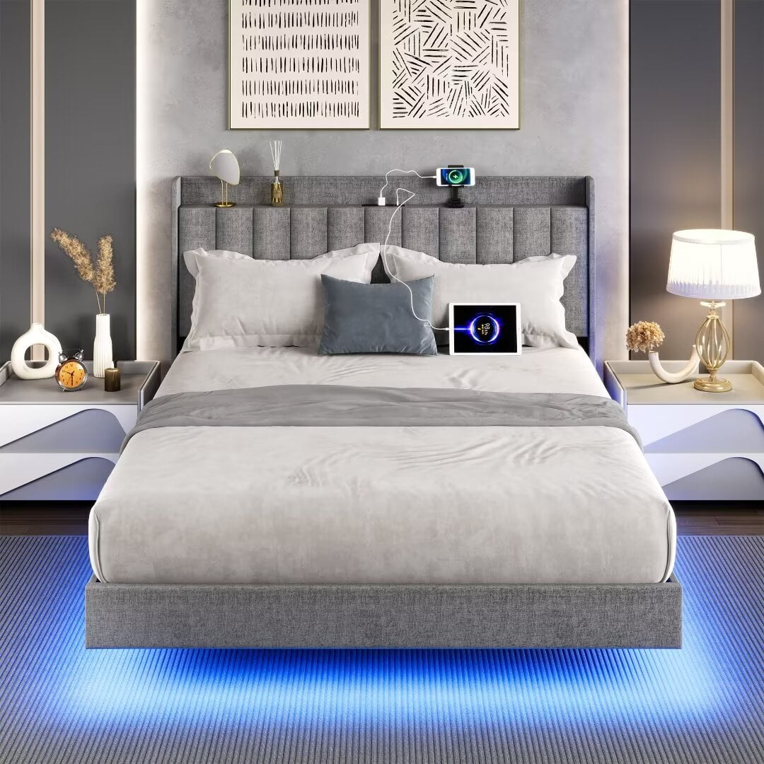 Queen Size Floating Bed Frame with Led Light, USB Ports & Outlets ...