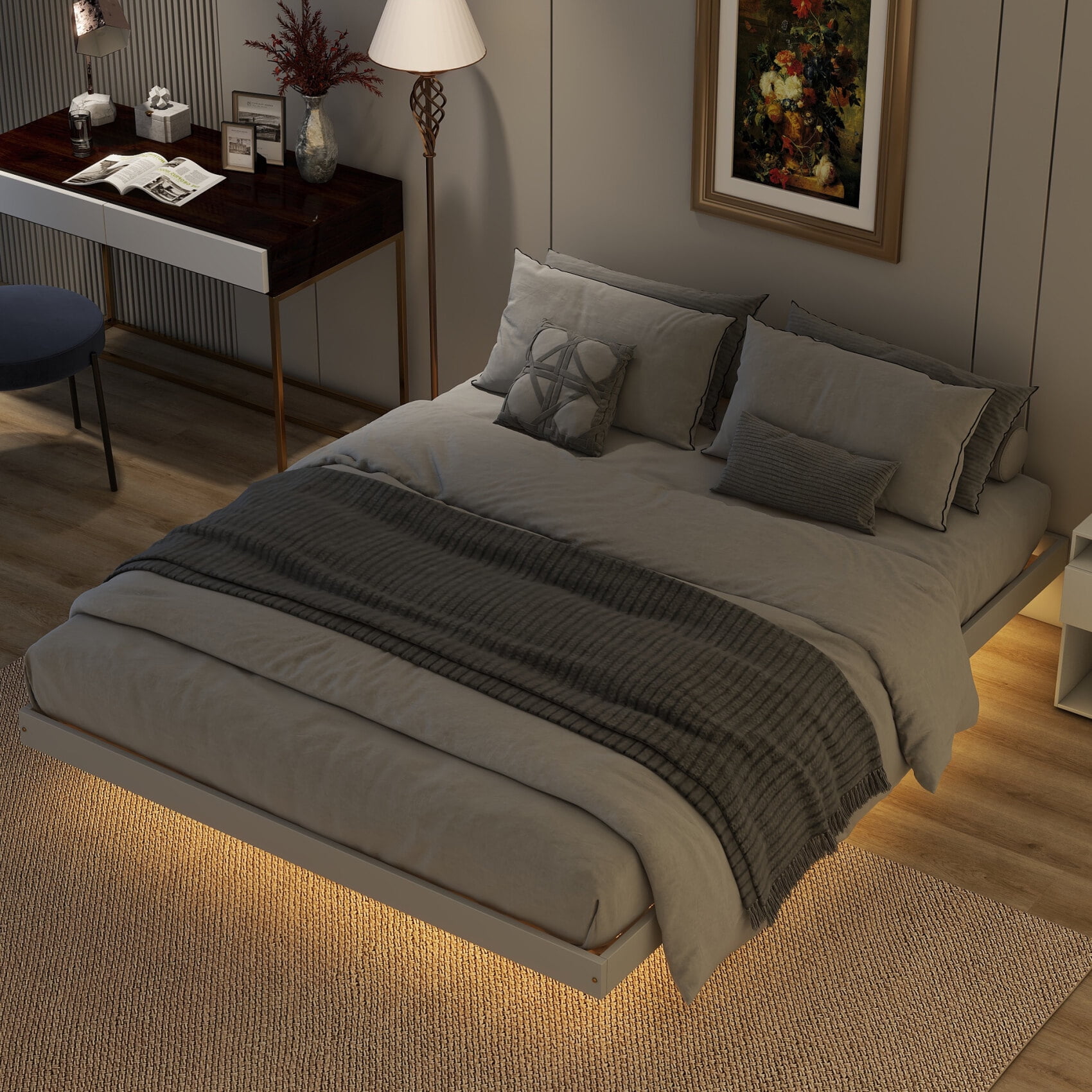 Queen Size Floating Bed with LED Lights Underneath, Modern Queen Size ...