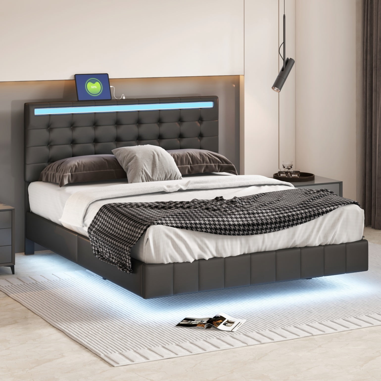 Queen Size Floating Bed with PU Leather, Upholstered Platform LED Bed ...