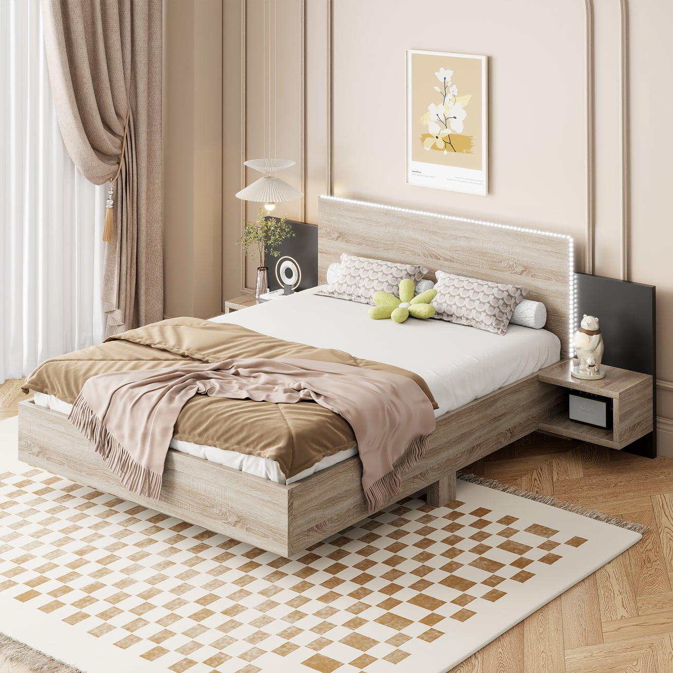 Queen Size Floating Platform Bed Frame with Built-in Nightstands ...