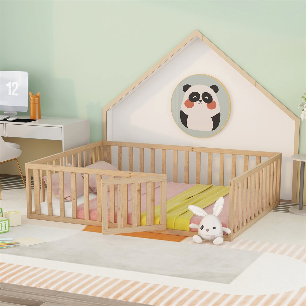 Queen Size Floor Bed with Fence and Door, Wood Bed Frame with Safety ...