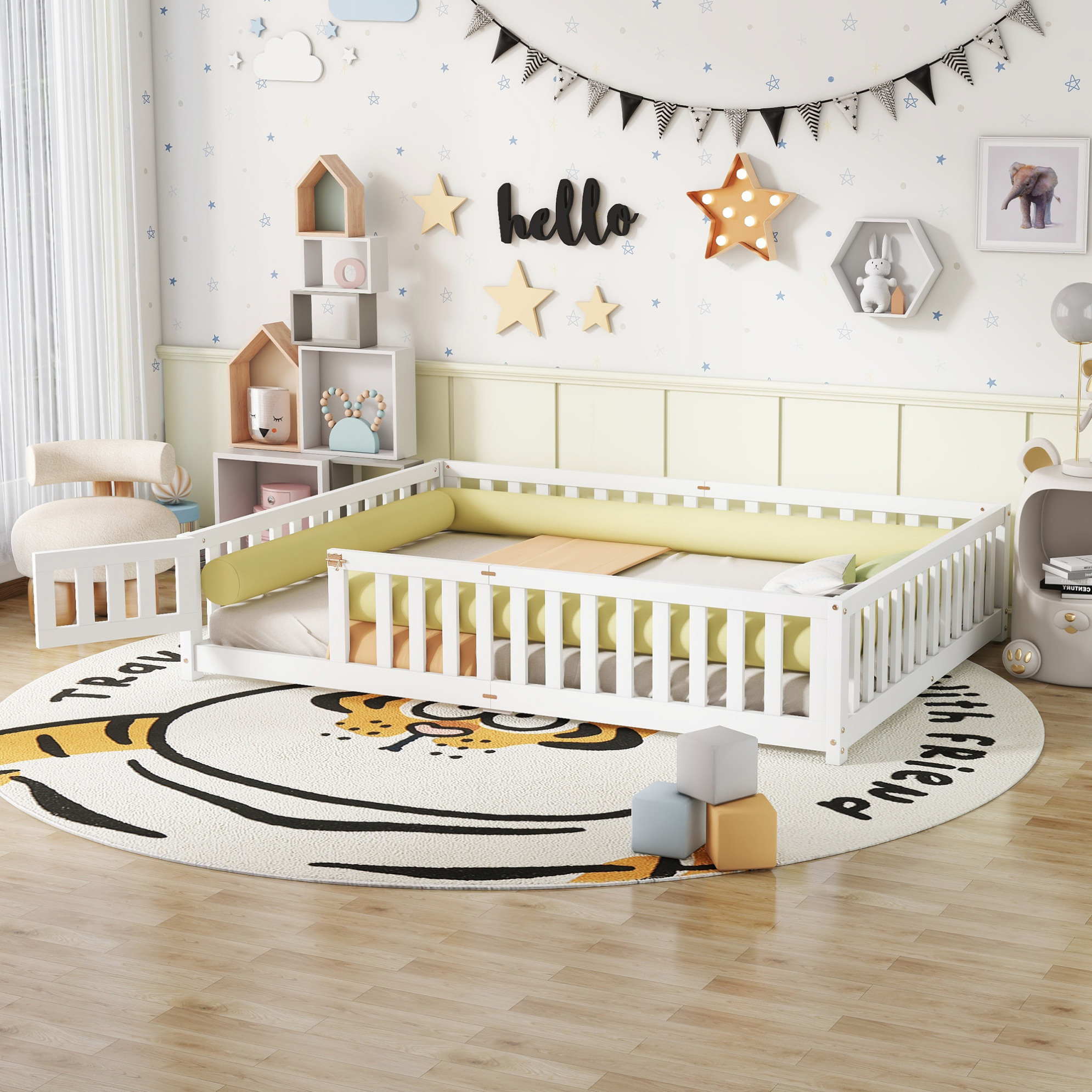 Queen Size Floor Bed Frame, Wood Platform Bedframe with Safety Fence ...