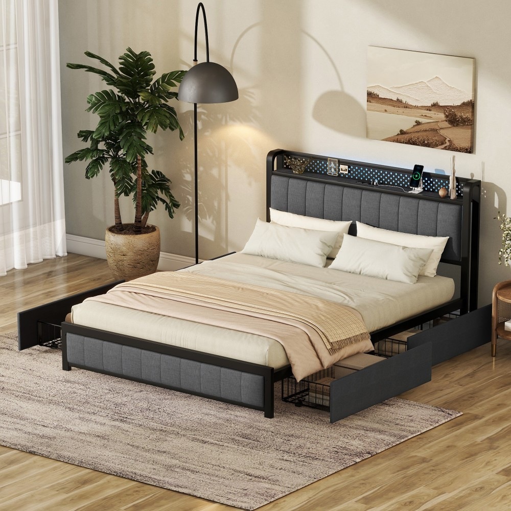 Queen Size Floor Platform Bed Frame with Upholstered Headboard Storage ...