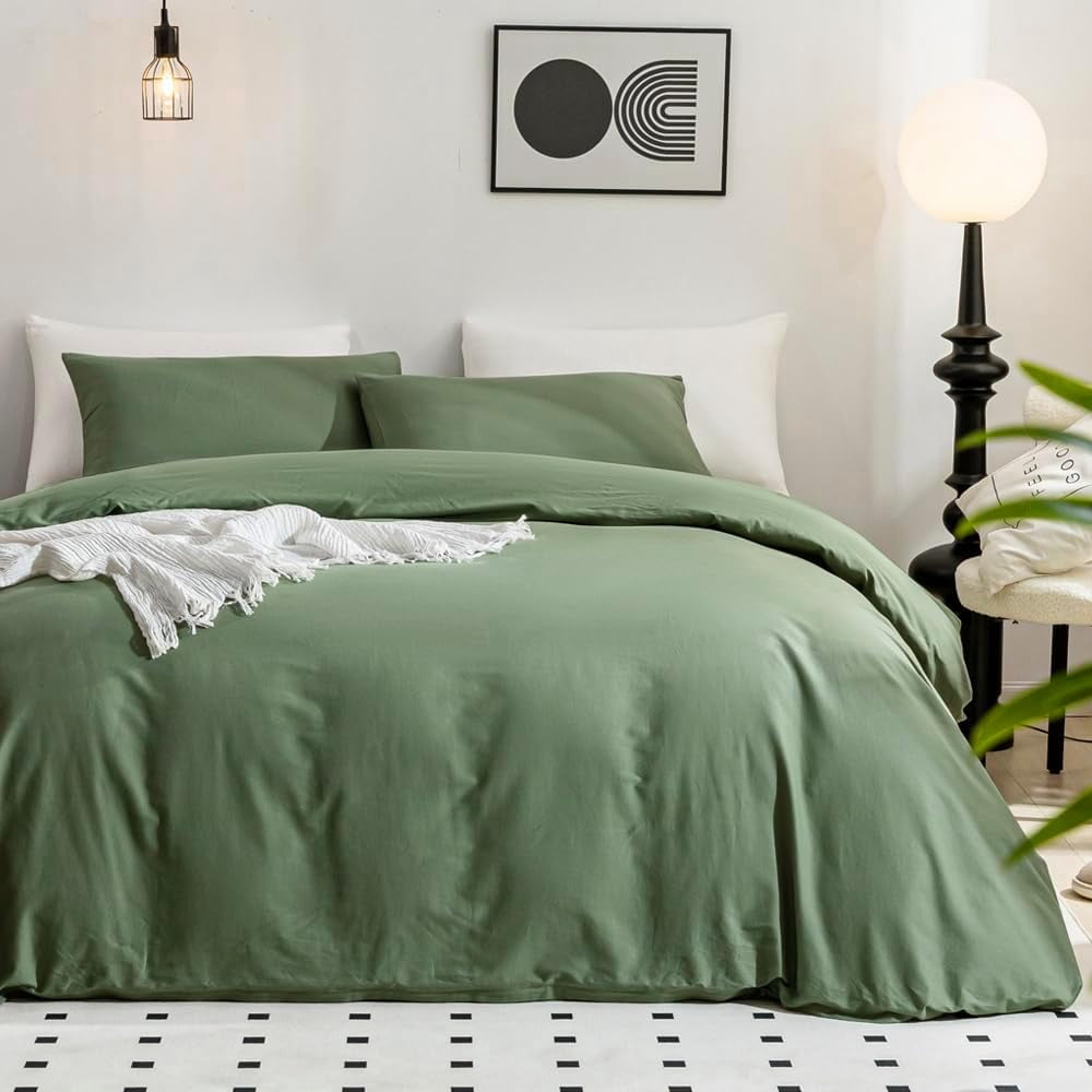 Queen Size Green Duvet Cover - 100% Washed Cotton Linen Feel Textured ...