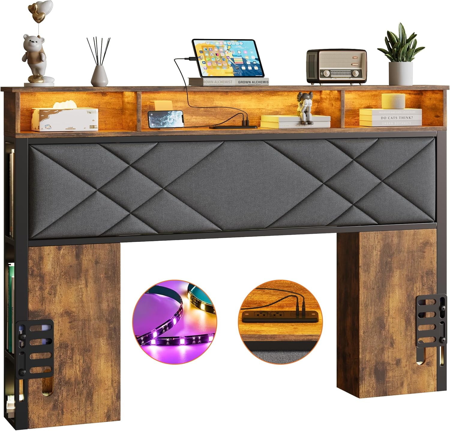 Queen Size Headboard, Bed Headboard with Wood Bookcase, Charging ...