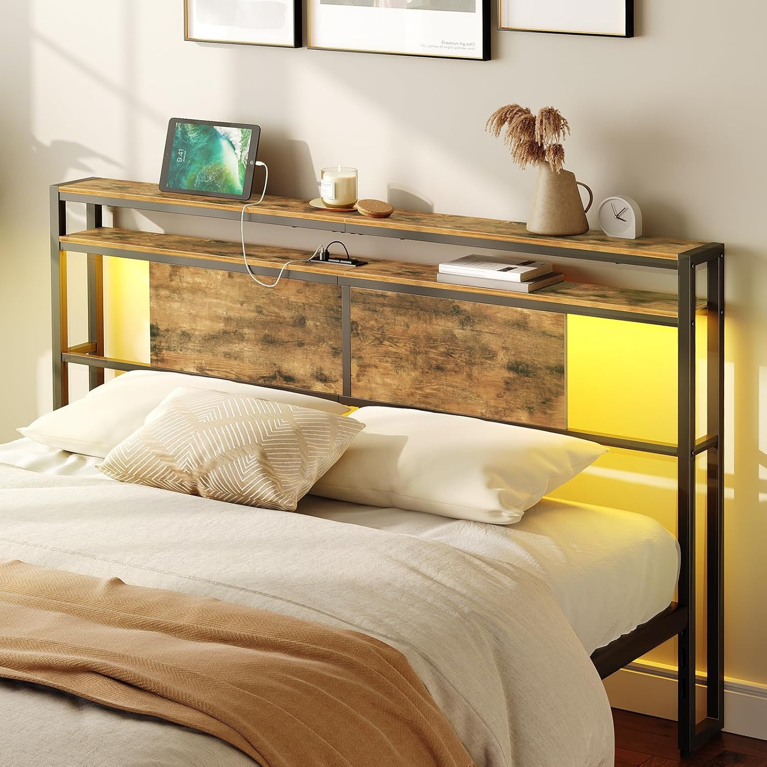 Queen Size Headboard, Headboard with Light and Outlets, Headboard with ...