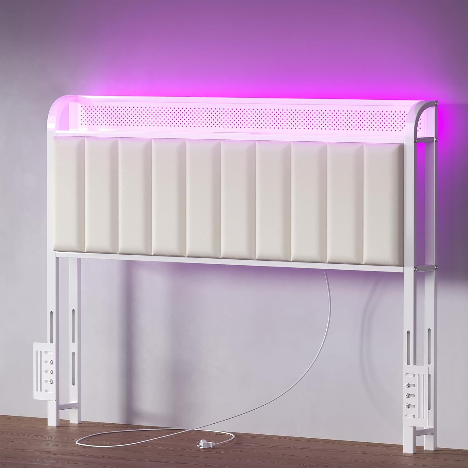 Queen Size Headboard with LED Lights & Charging Outlet, Faux Leather ...