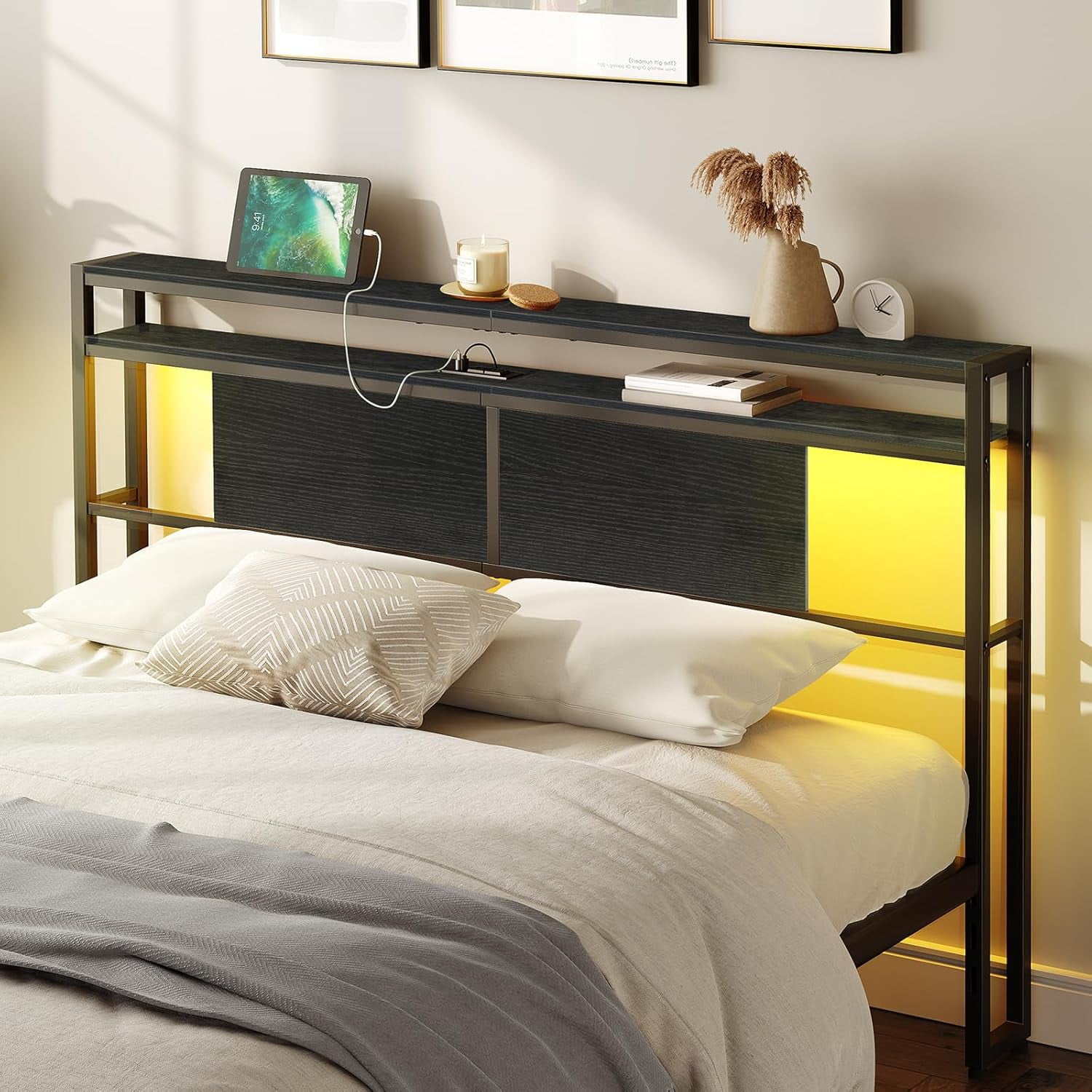 Queen Size Headboard with Light and Outlets, Queen Headboard with 2 ...