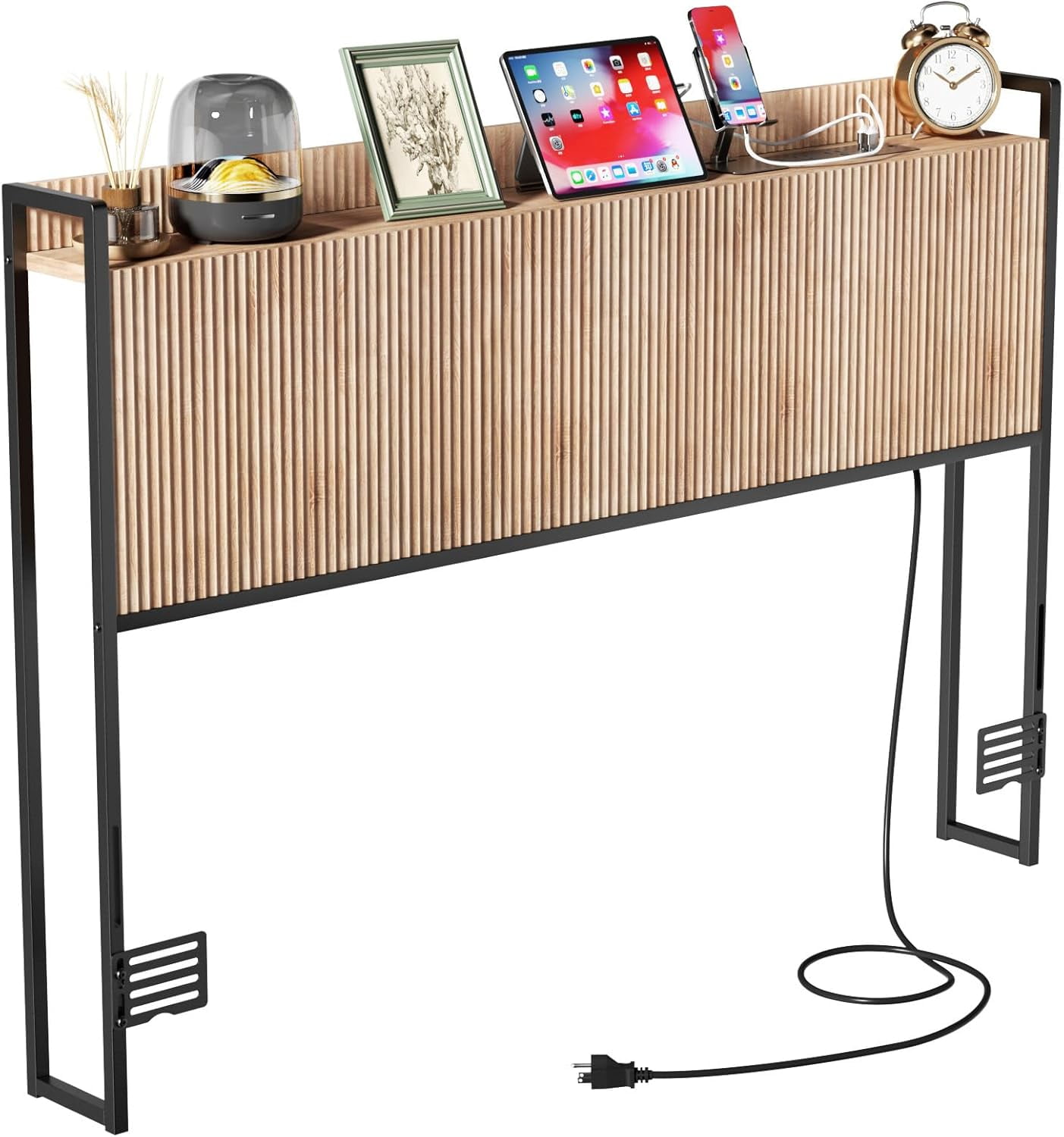 Queen Size Headboard Only with Outlets, Wall Mount Wood Fluted ...