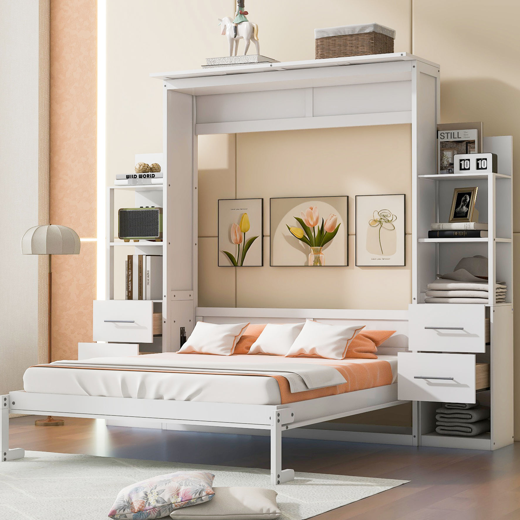 Queen Size Hideaway Bed / White, with Shelves and Drawers, Easy to Use ...