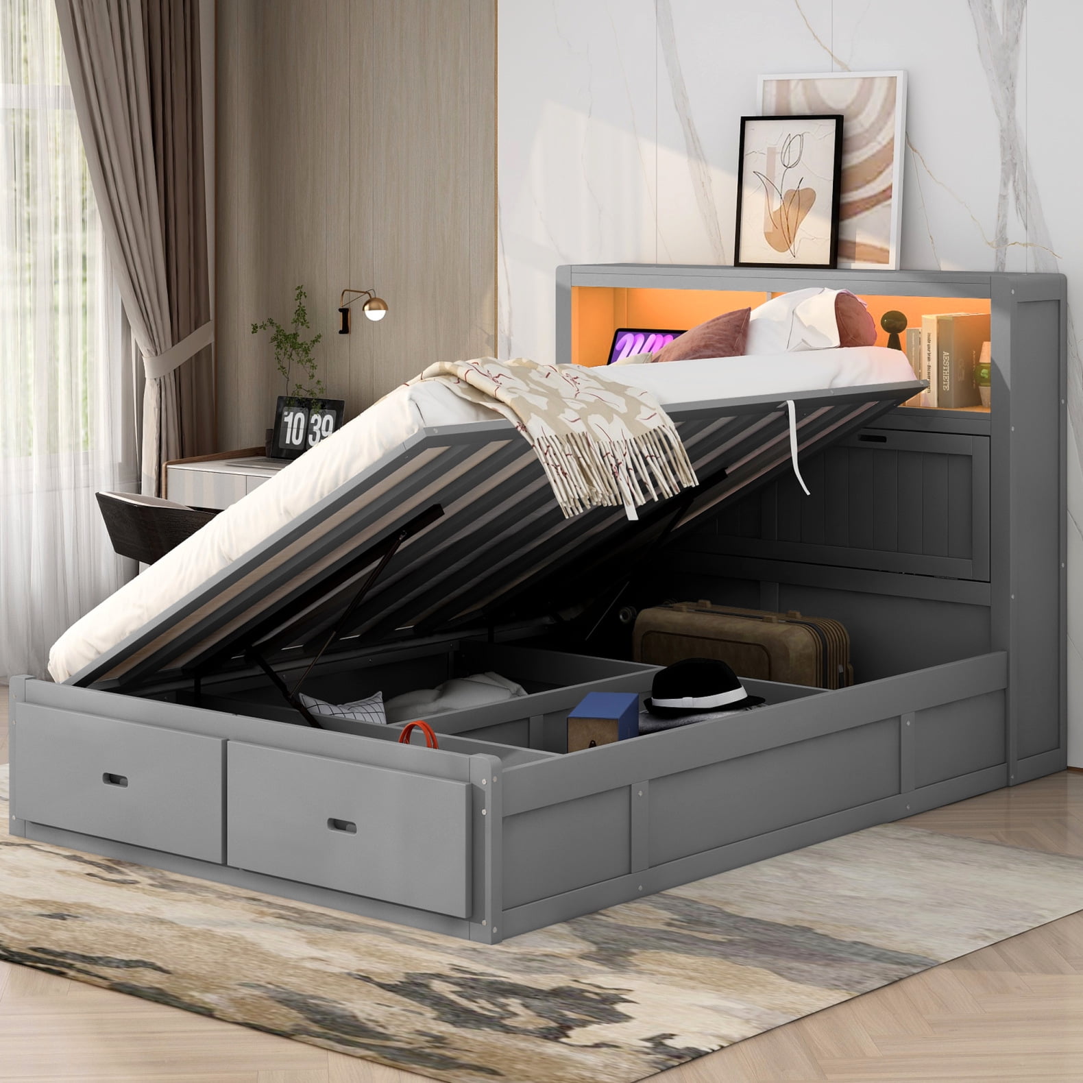 Queen Size Hydraulic Platform Bed with Headboard Storage and 2 Drawers ...