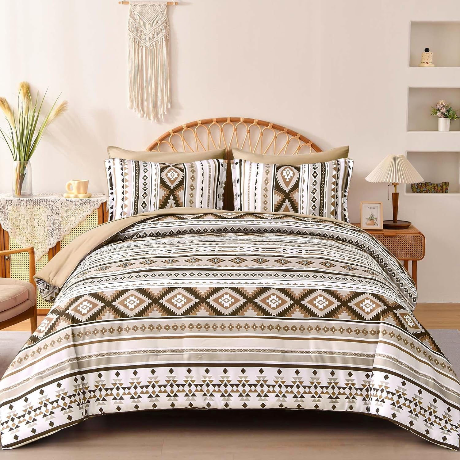 Queen Size Khaki Aztec Comforter Set, 7 Pieces Bed in a Bag with Beige ...