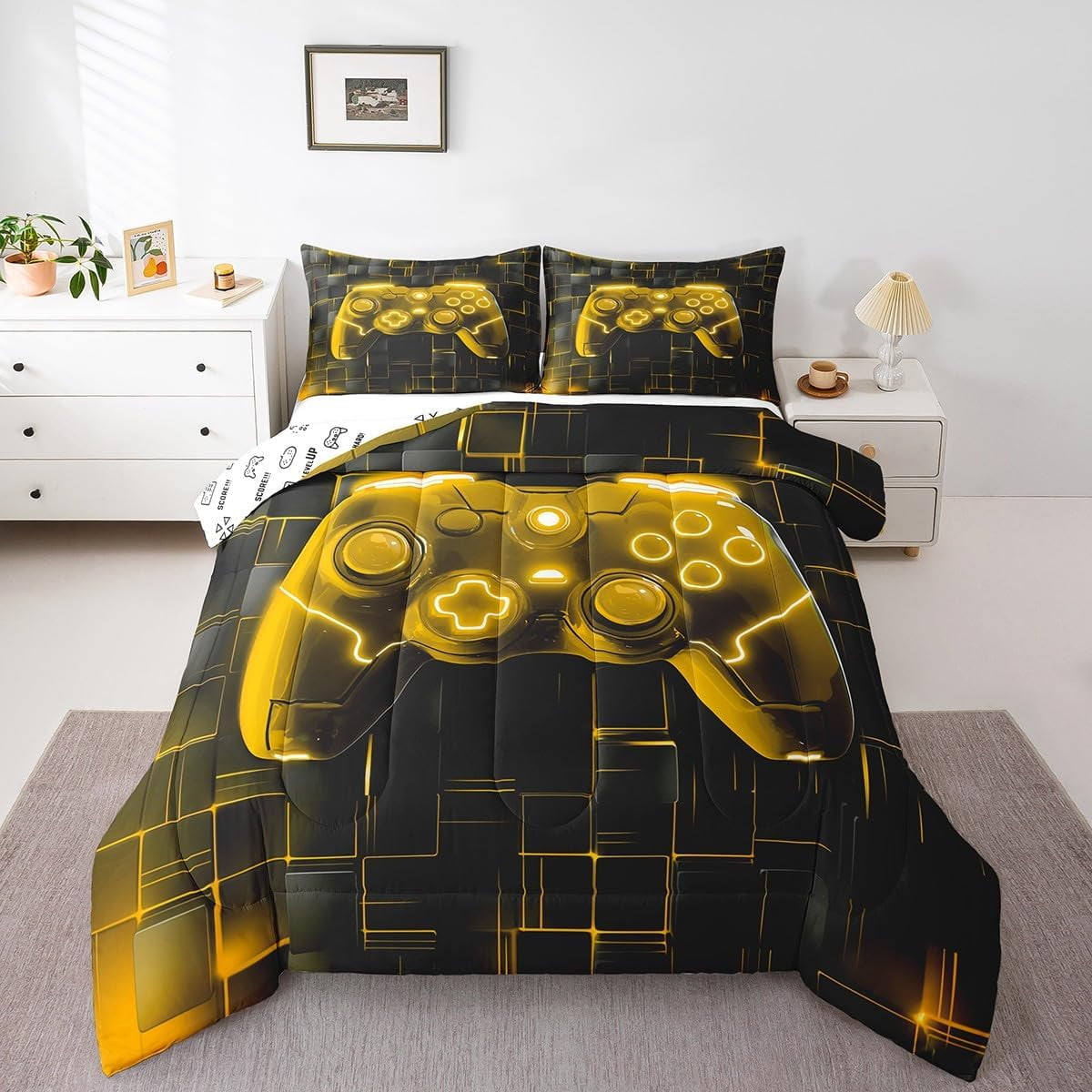 Queen Size Kids Gamer Comforter Set, Black Gold Grid Game Console Down ...