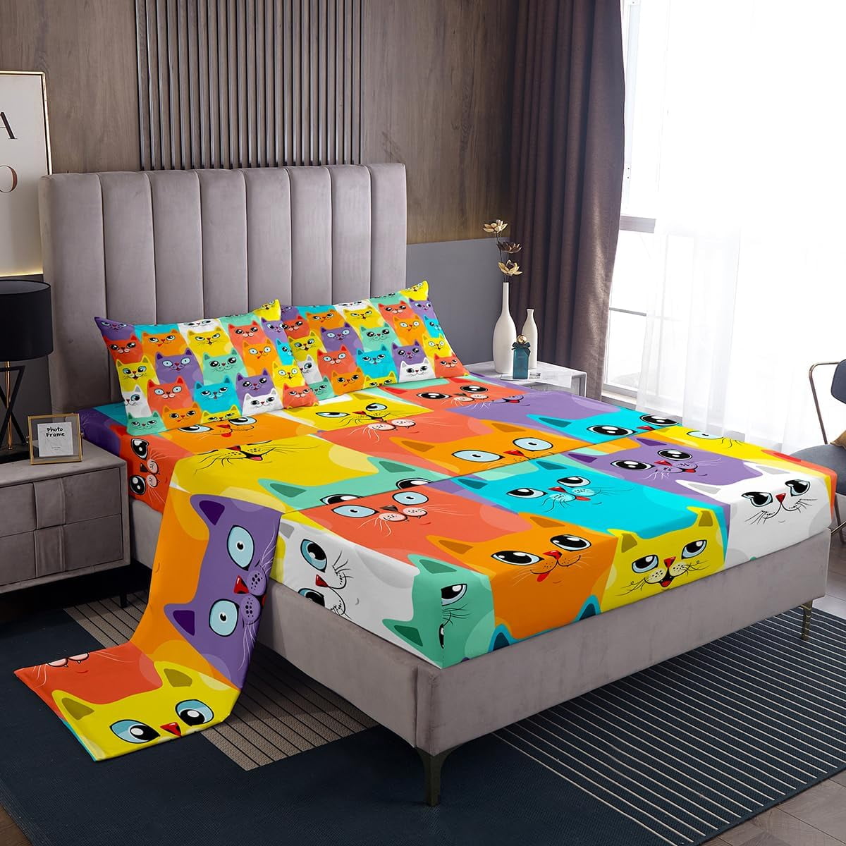Queen Size Kids Sheet Set with Cartoon Pet Cats Pattern Bed Sheet Set ...