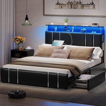 Homfa Full Size LED Bed Frame with Outlets and USB Ports, Modern ...
