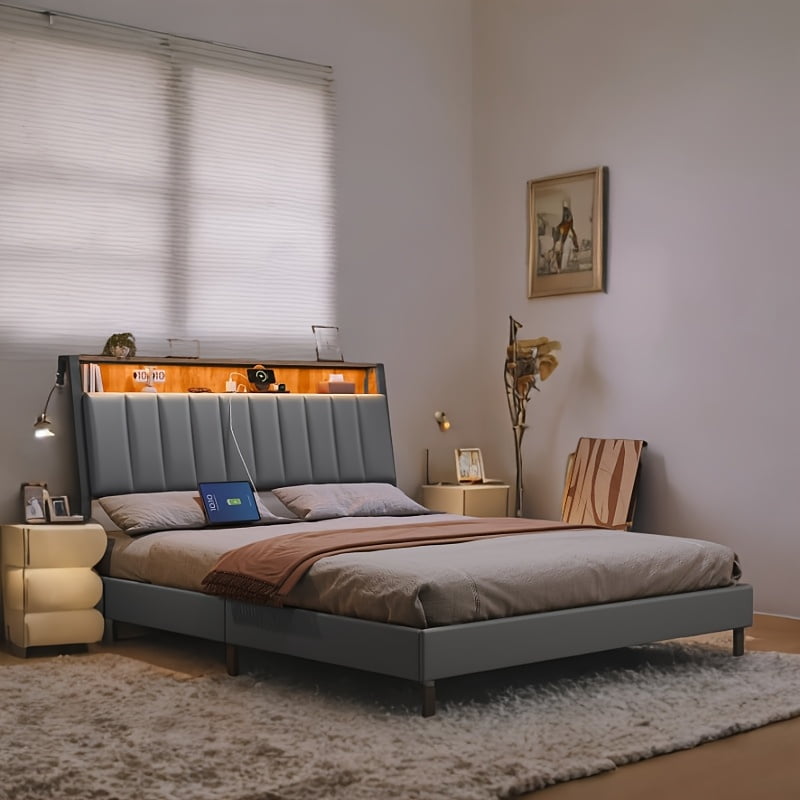 Queen Size LED Bed Frame with Storage Headboard and Charging Station ...