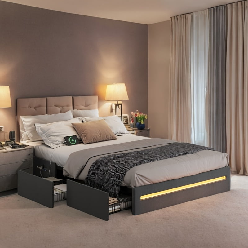 Queen Size LED Bed Frame with 4 Drawers and Charging Station, Steel ...