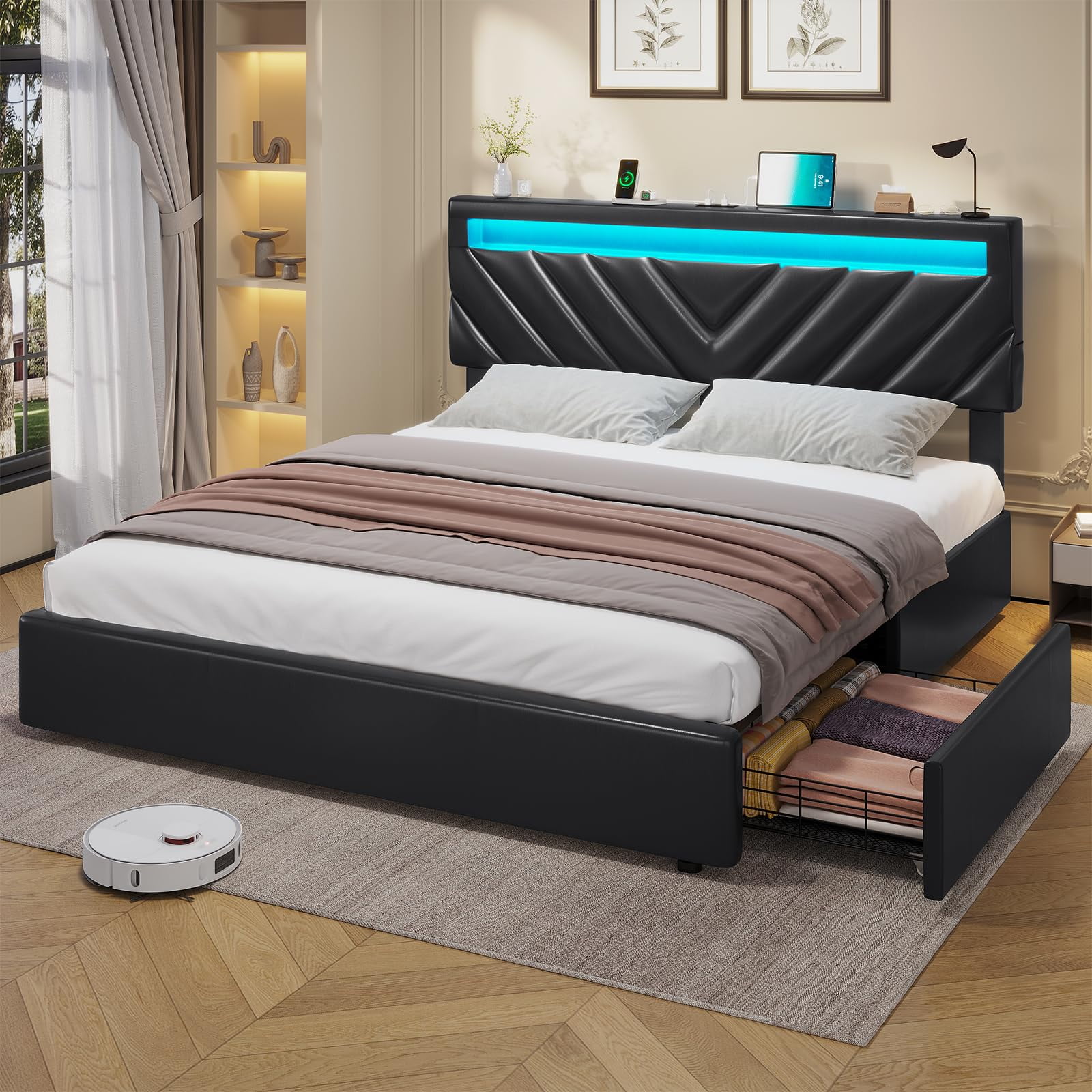 Queen Size LED Bed Frame with Storage Drawers, Upholstered Platform Bed ...