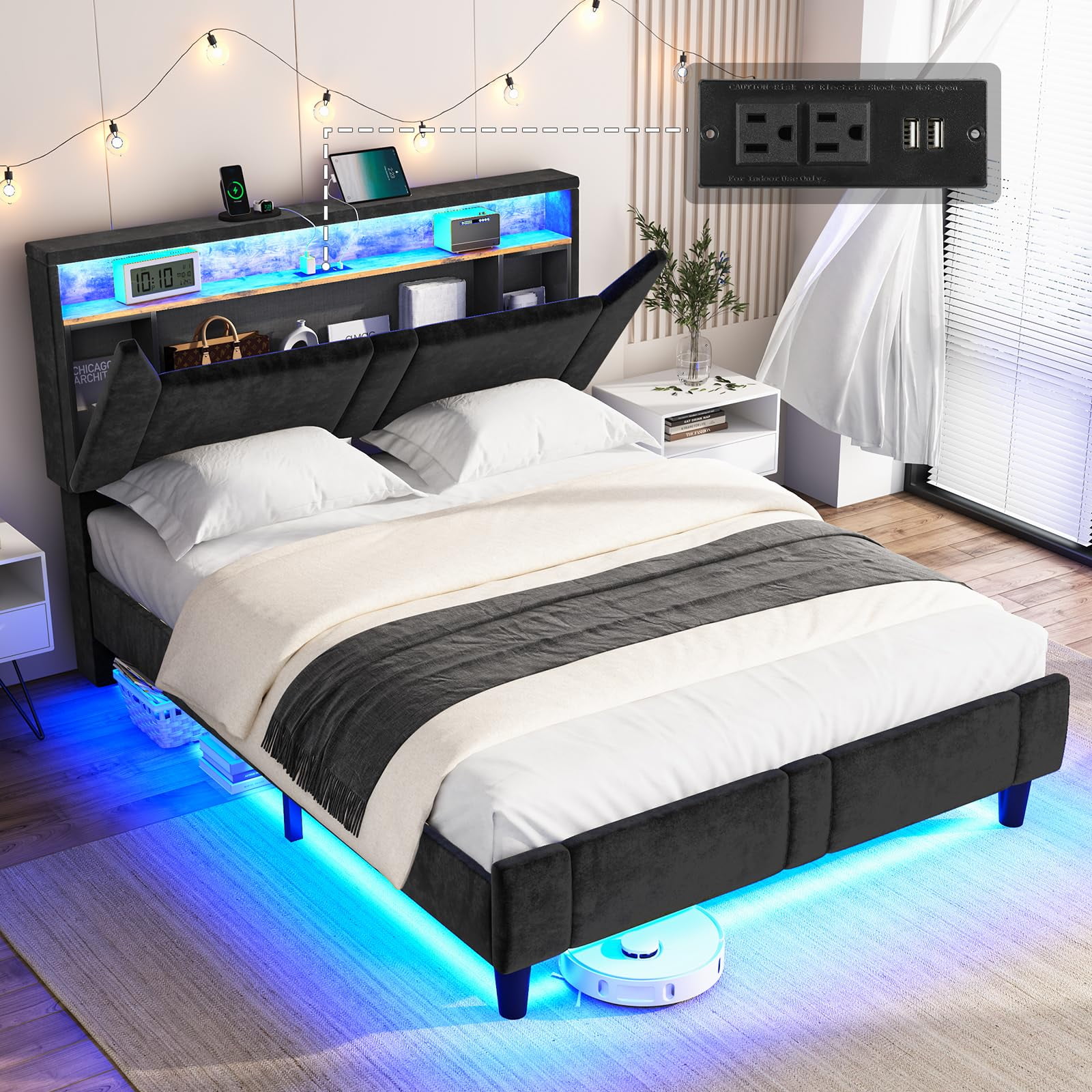Queen Size LED Bed Frame with Hidden Storage Headboard, Velvet ...