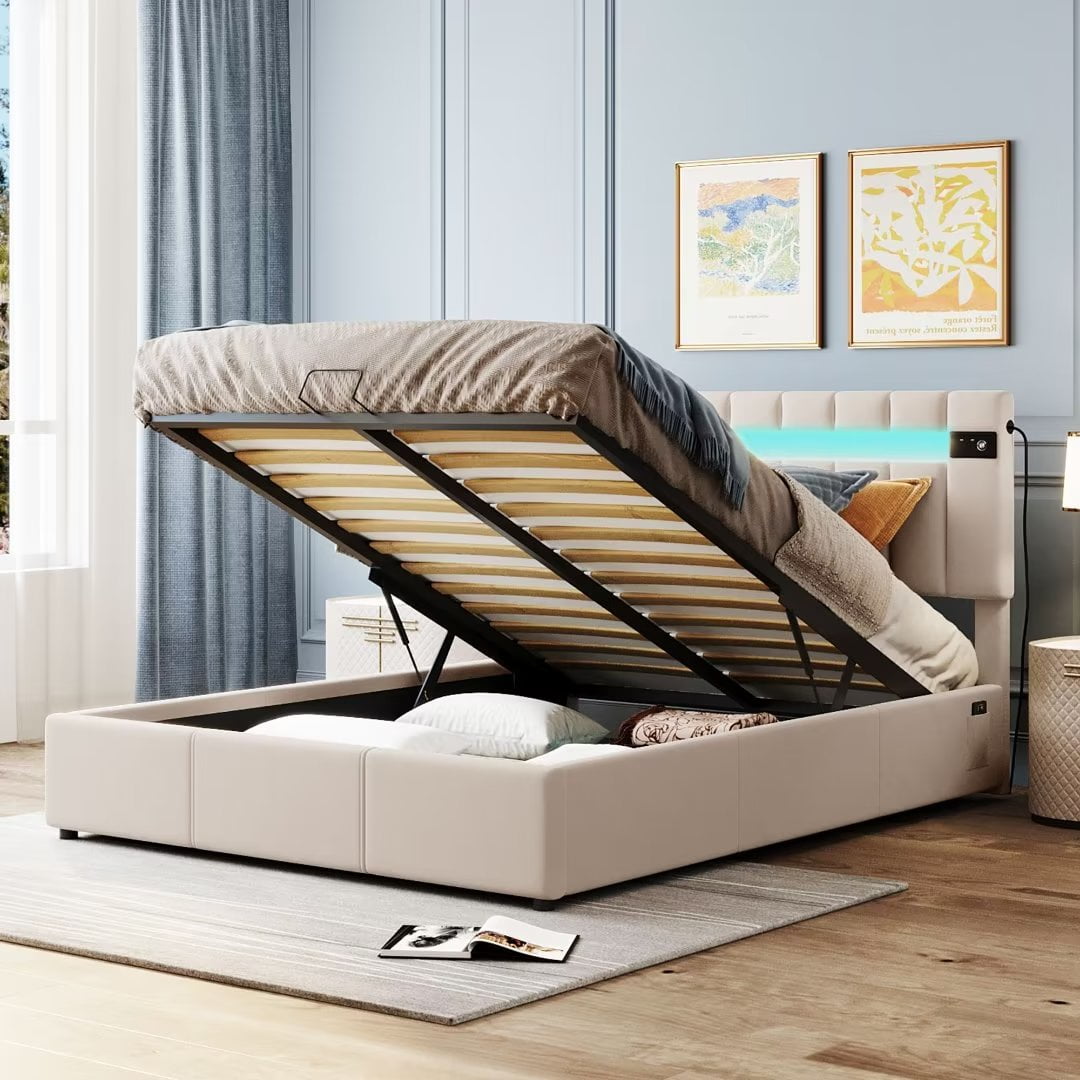 Queen Size LED Bed, Velvet Platform Bed, Lift Storage Bed with LED ... Queen Size LED Bed, Velvet Platform Bed, Lift Storage Bed with LED ...