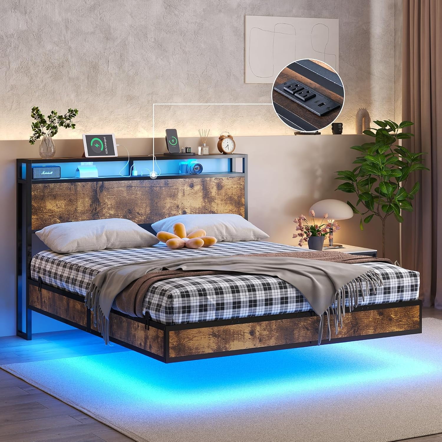 Queen Size LED Floating Bed Frame with Charging Station, RGB Smart ...