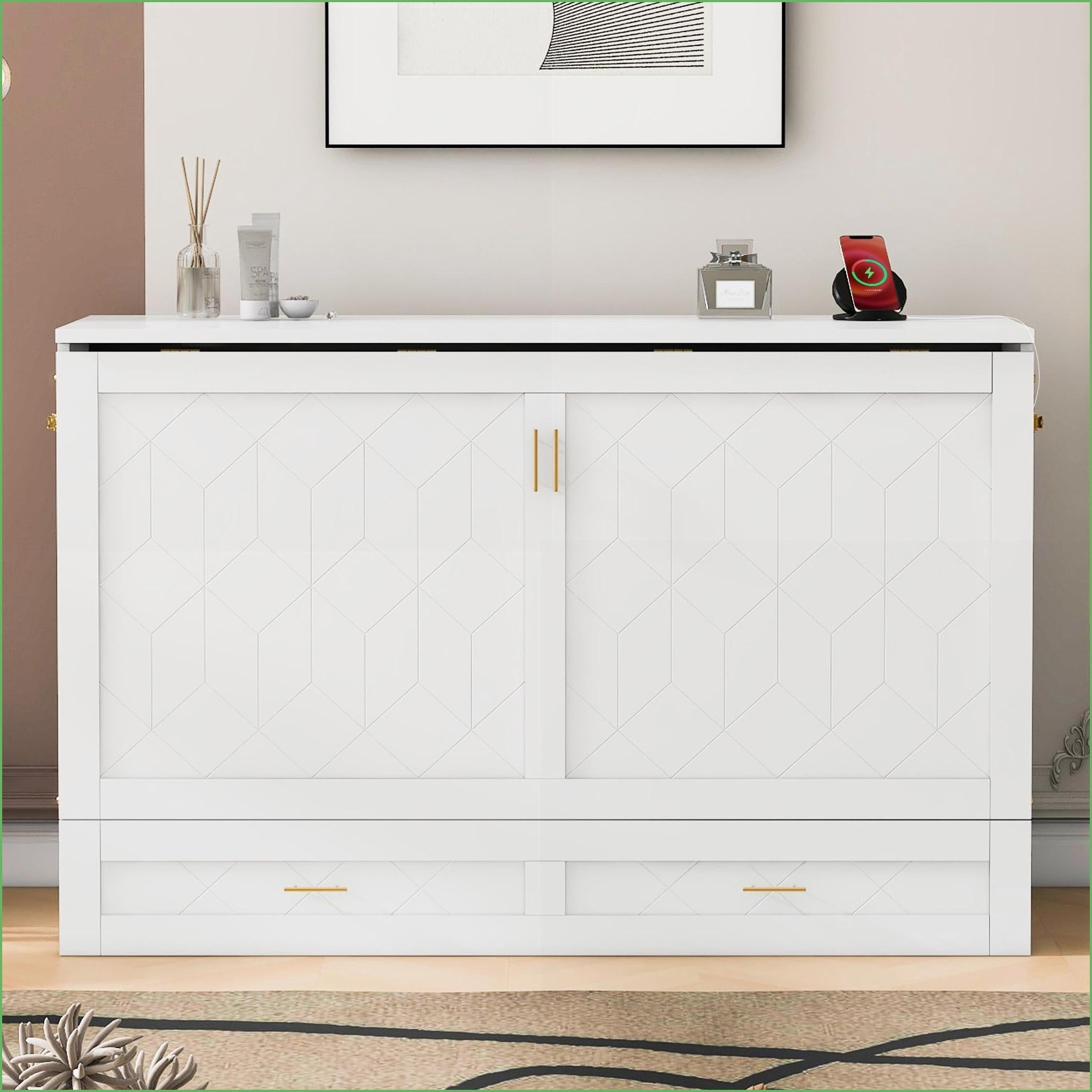 Queen Size LVL+MDF Murphy Wall Bed with Drawer, Sockets & USB - White ...