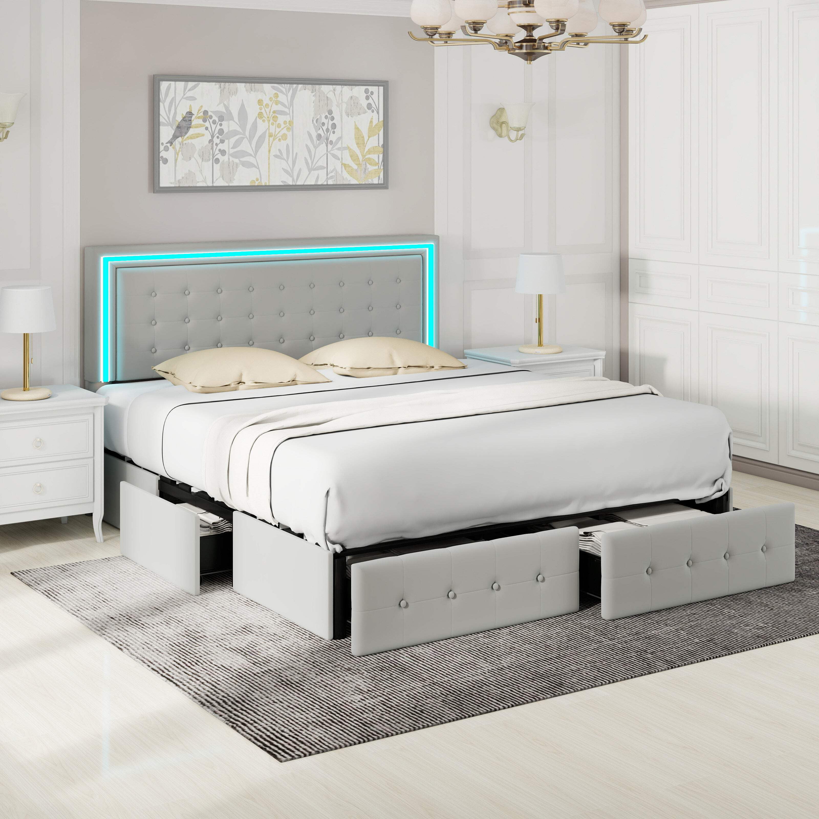 Queen Size Led Bed Frame With 4 Storage Drawers, Smart Control Rgb Led ...