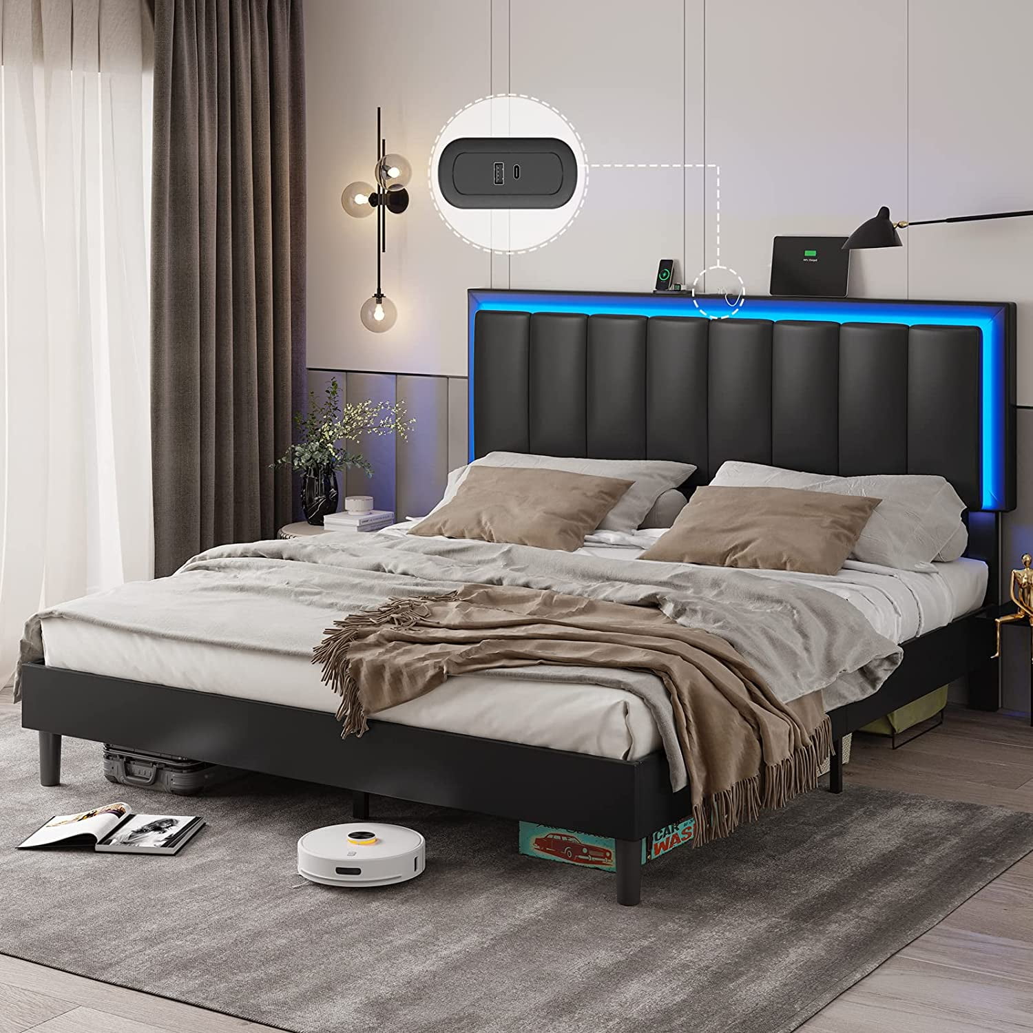 Walmart Queen Size LED Bed Frame with Charging Station, Adjustable ...