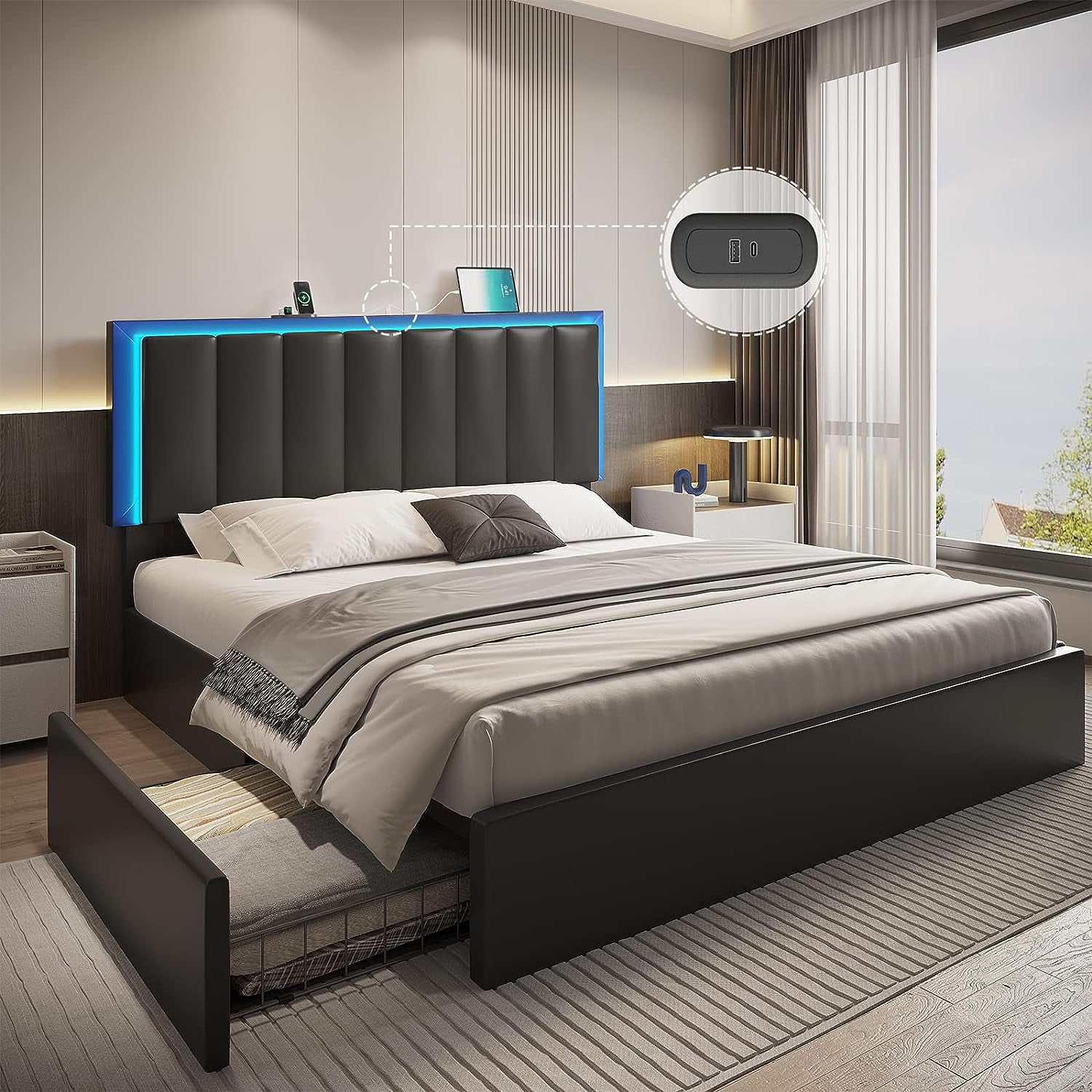 Queen Size Led Bed Frame Modern Faux Leather Upholstered Platform Bed ...