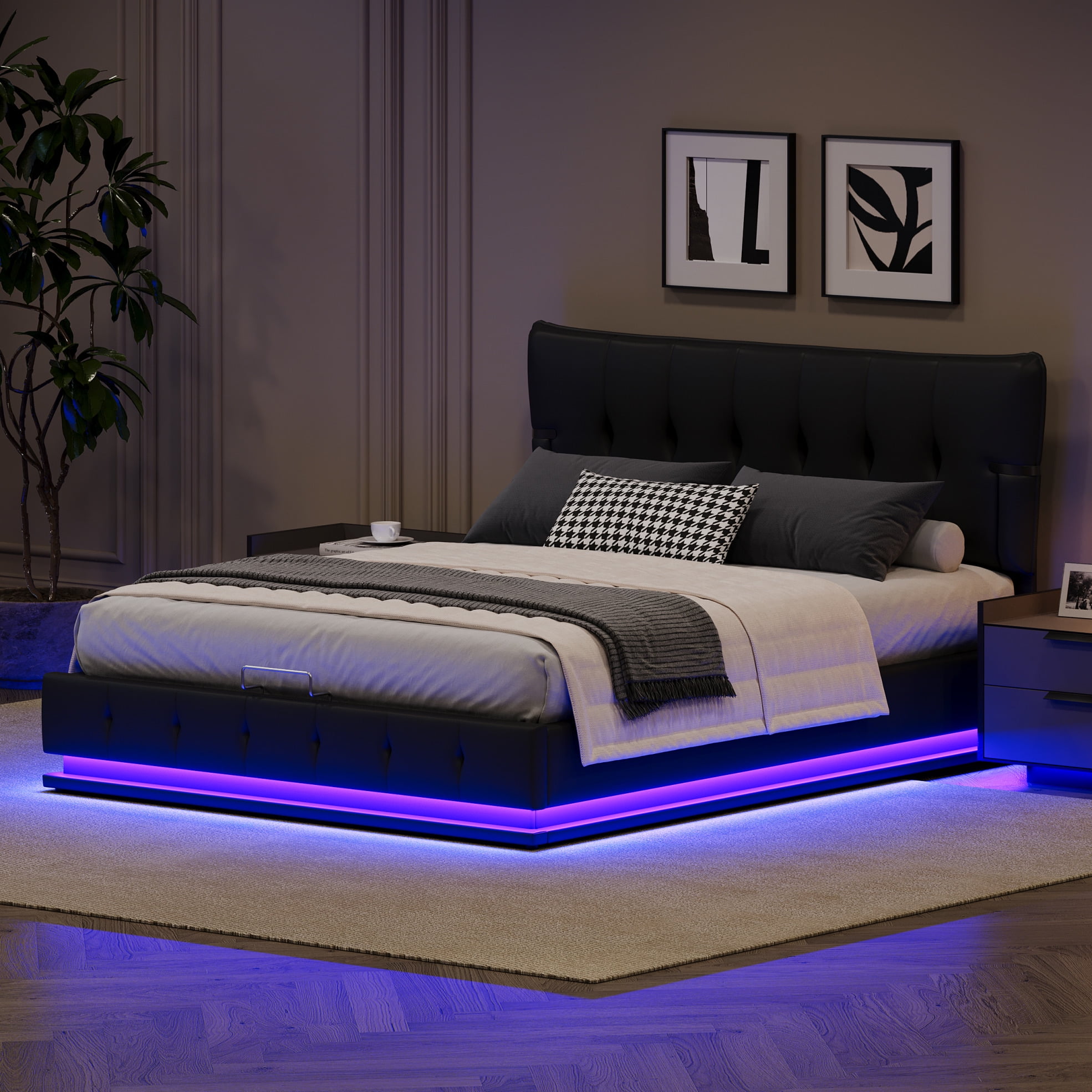 Queen Size Lift Up Hydraulic Storage Bed with RGB LED Light, PU Leather ...