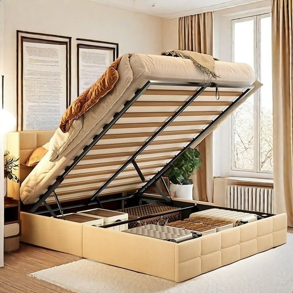 Queen Size Lift Up Storage Bed, Button Tufted Headboard with Wingback ...