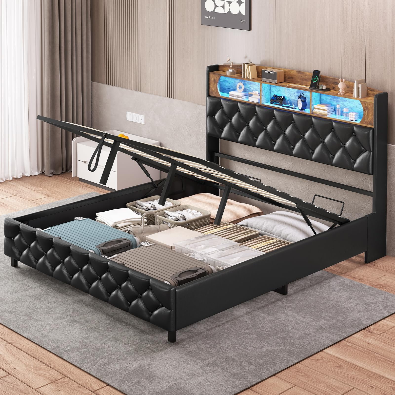 Queen Size Lift Up Storage Bed with Storage Headboard, Upholstered ...