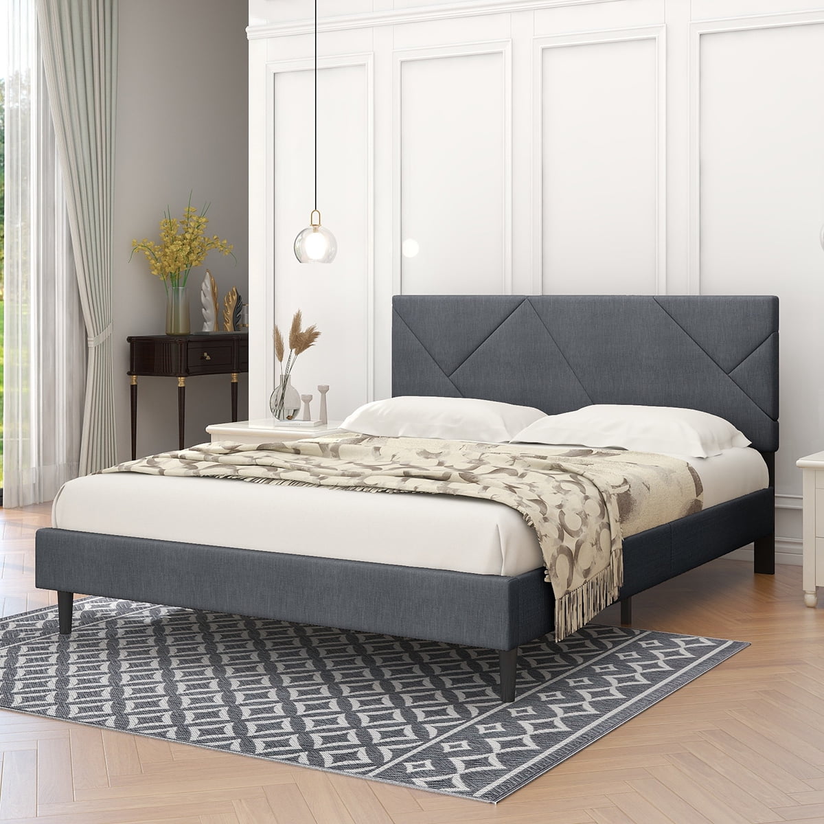 Queen Size Linen Dark Grey Sqaure Upholstered Platform Bed With Slat ...