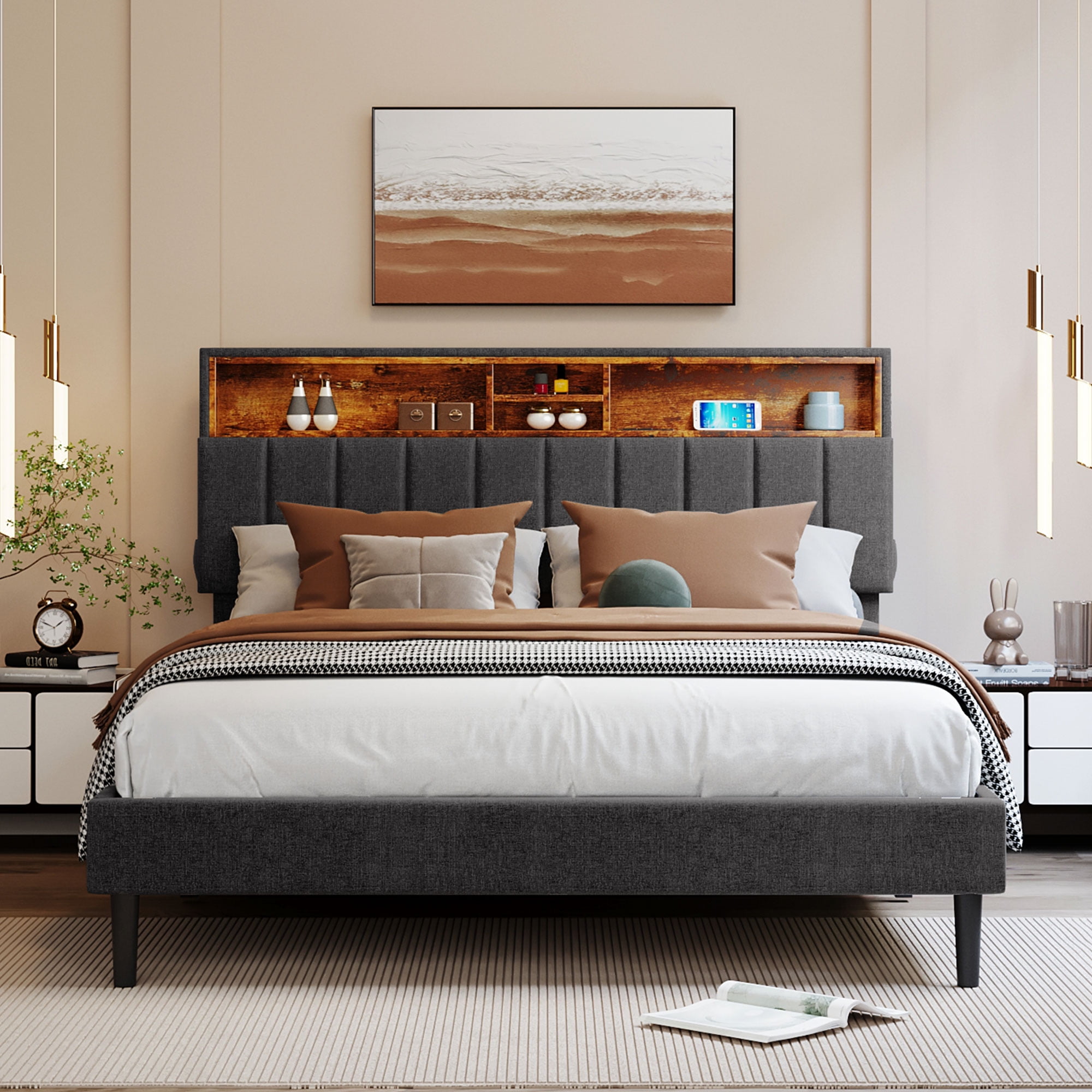 Queen Size Linen Fabric Bed Frame with Storage Headboard and USB Port ...