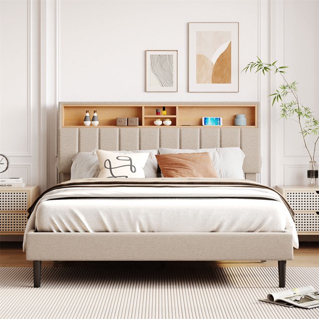 Queen Size Linen Upholstered Platform Bed , Solid Wood Platform Bed ...