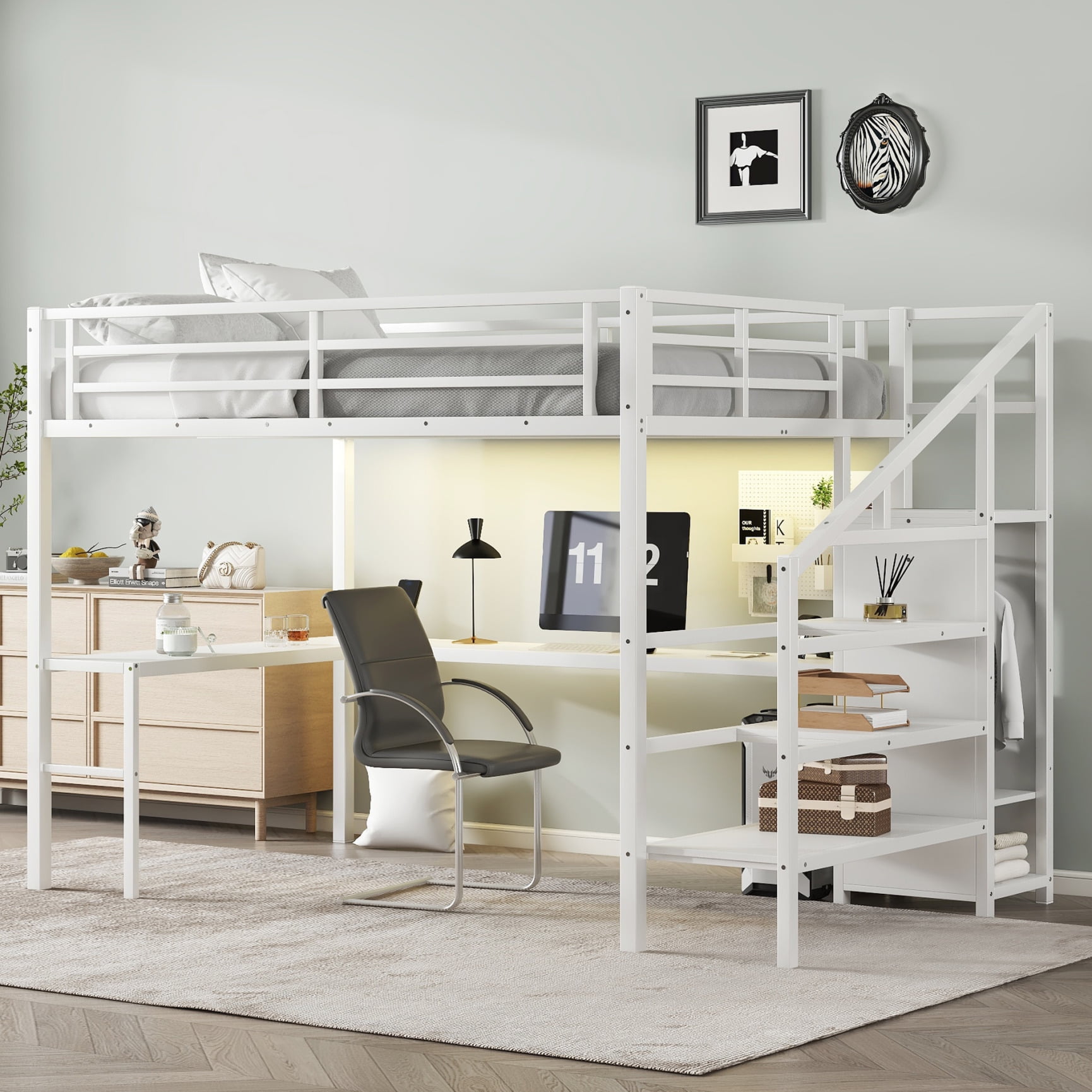 Queen Size Loft Bed with L-Shaped Desk & USB Charging, Metal Frame with ...