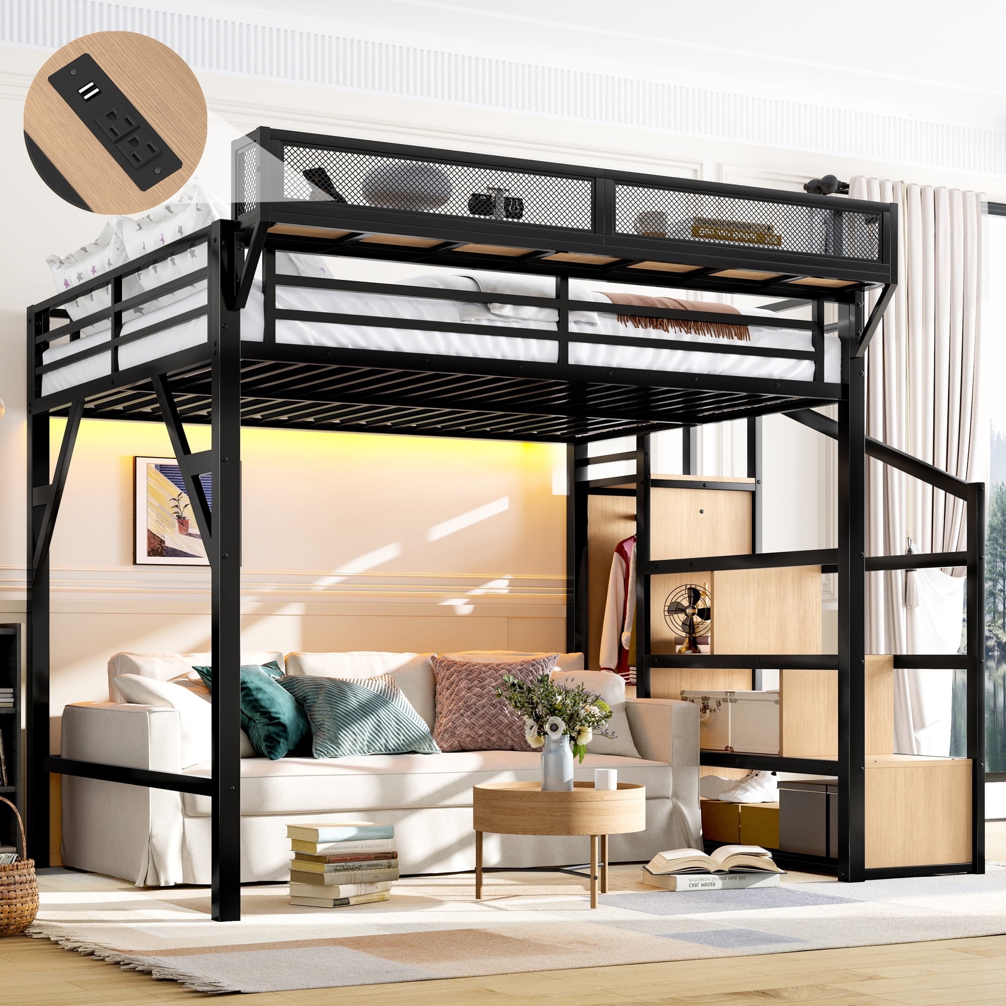 Queen Size Loft Bed with Storage Stairs, Metal Loft Bed Frame with USB ...
